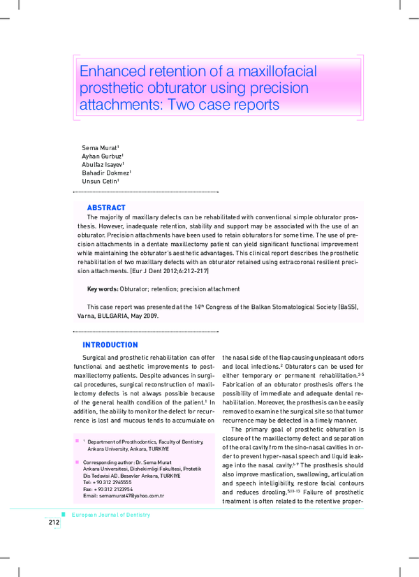 (PDF) Enhanced retention of a maxillofacial prosthetic obturator using ...