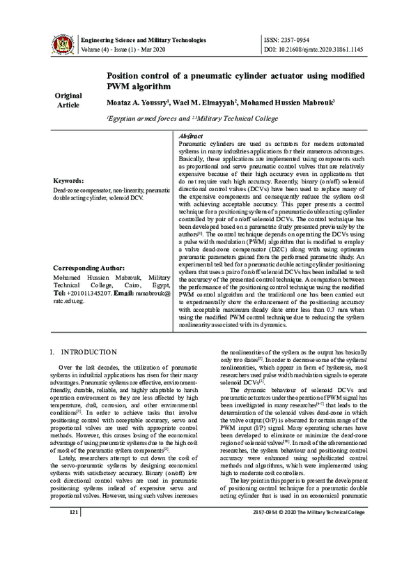 Pdf Position Control Of A Pneumatic Cylinder Actuator Using Modified Pwm Algorithm