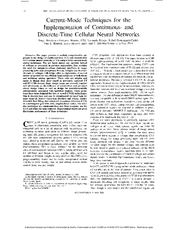 Pdf Current Mode Techniques For The Implementation Of Continuous And Discrete Time Cellular