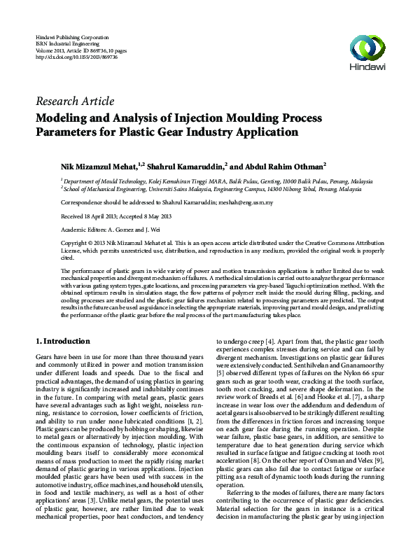 Pdf Modeling And Analysis Of Injection Moulding Process Parameters For Plastic Gear Industry