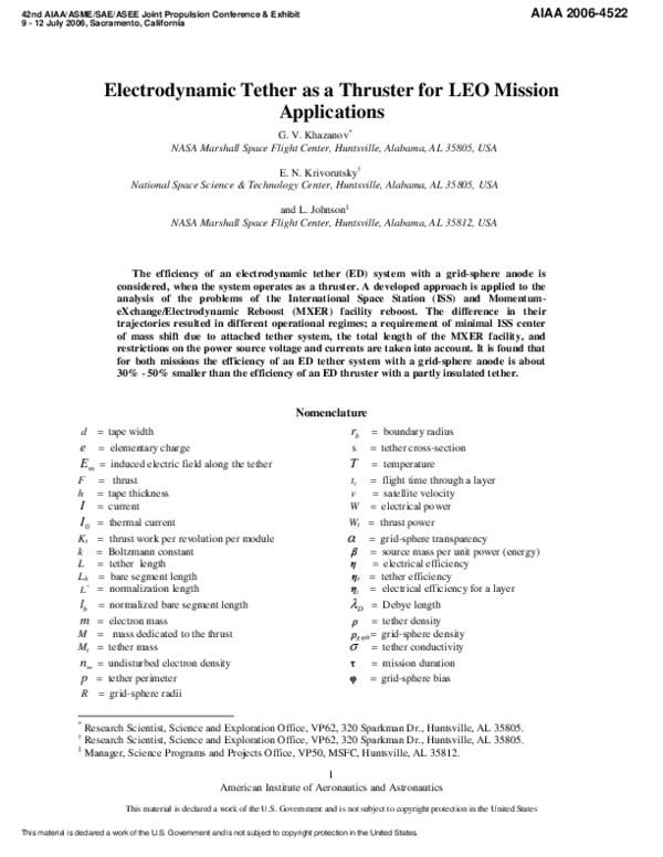 (PDF) Electrodynamic Tether as a Thruster for LEO Mission Applications