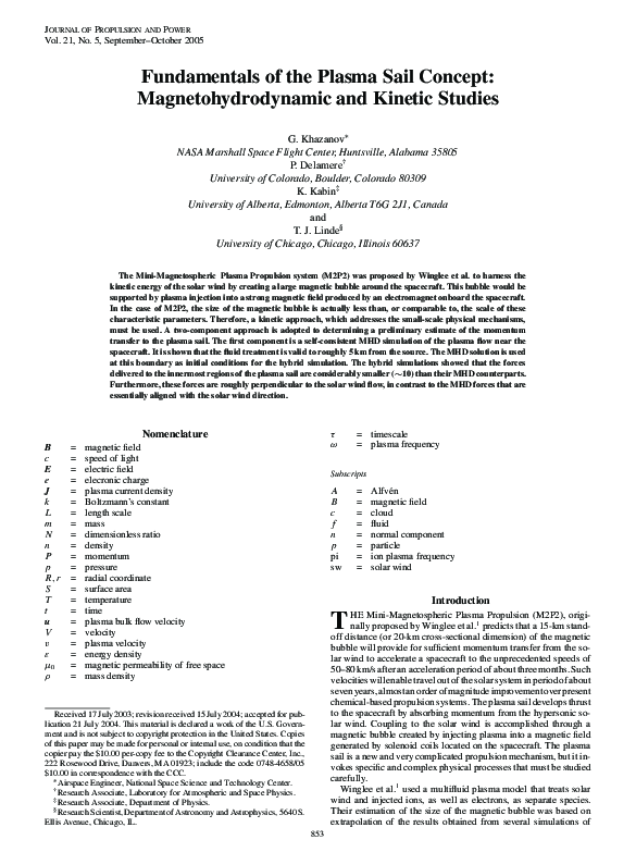 (PDF) Fundamentals of the Plasma Sail Concept: MHD and Kinetic Studies