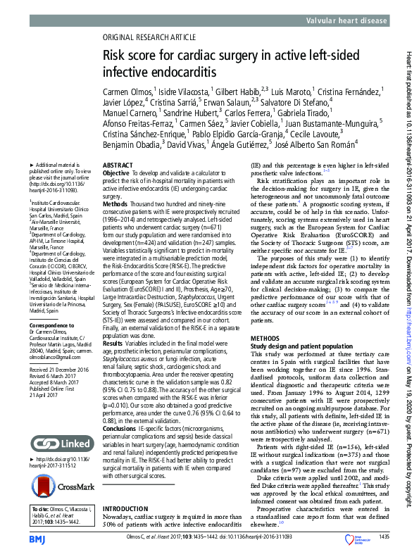 (PDF) Risk score for cardiac surgery in active left-sided infective ...