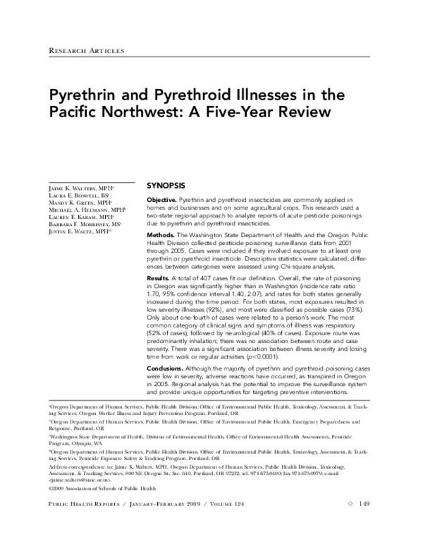 (PDF) Pyrethrin and pyrethroid illnesses in the Pacific northwest: a five-year review