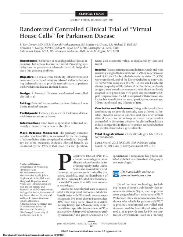 (PDF) Randomized Controlled Clinical Trial of “Virtual House Calls” for Parkinson Disease