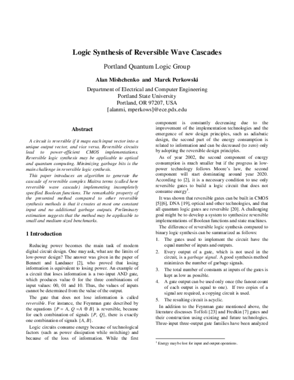 (PDF) Logic synthesis of reversible wave cascades