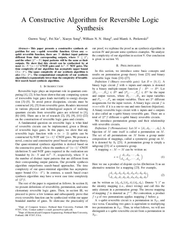 Pdf A Constructive Algorithm For Reversible Logic Synthesis