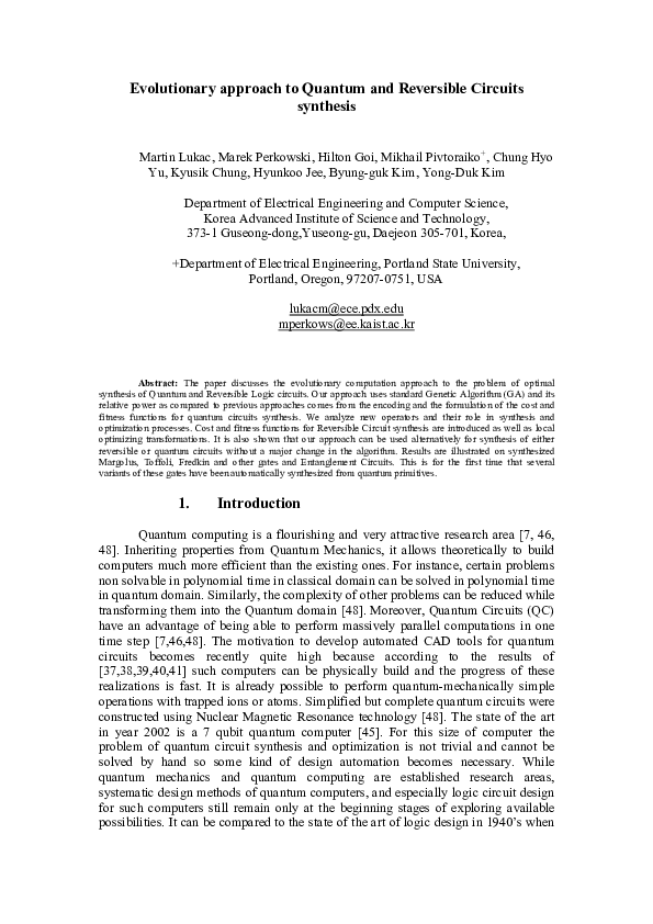 Pdf Evolutionary Approach To Quantum And Reversible Circuits Synthesis