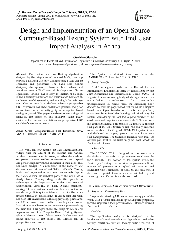 Design And Implementation Of An Open Source Computer Based Testing System With End User Impact