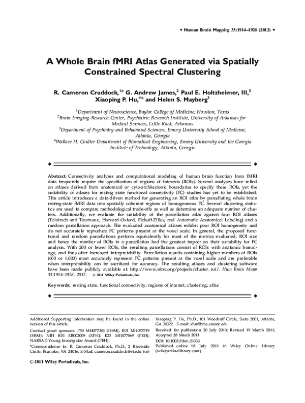 Pdf A Whole Brain Fmri Atlas Generated Via Spatially Constrained Spectral Clustering Helen