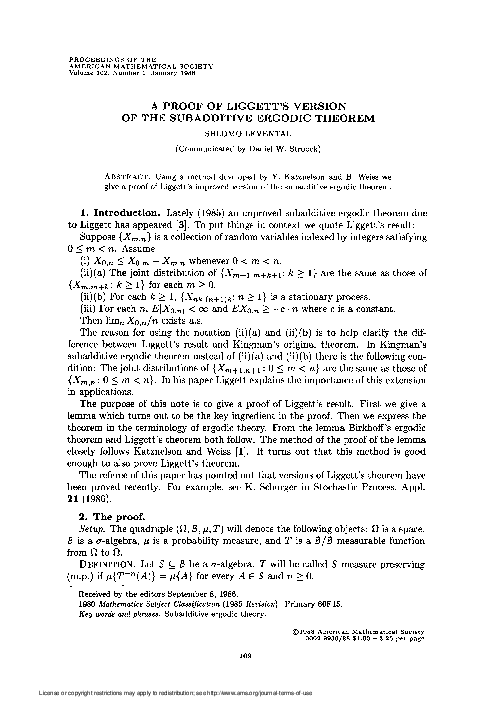 (PDF) A Proof of Liggett's Version of the Subadditive Ergodic Theorem