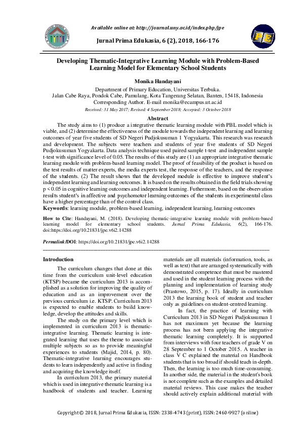 (PDF) Developing thematic-integrative learning module with problem-based learning model for ...