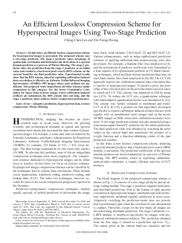 Pdf An Efficient Lossless Compression Scheme For Hyperspectral Images Using Two Stage Prediction