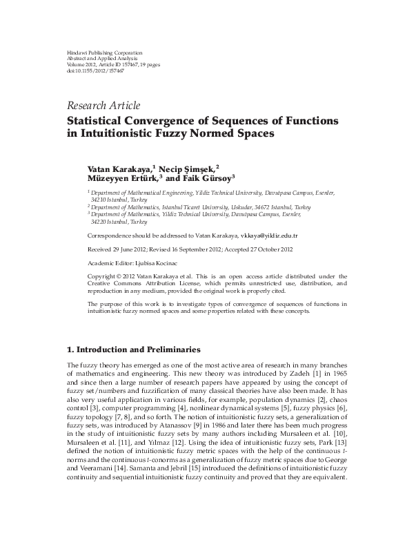 (PDF) Statistical Convergence of Sequences of Functions in Intuitionistic Fuzzy Normed Spaces