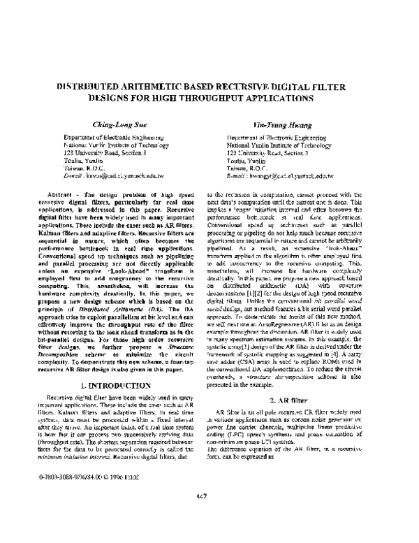 (PDF) Conventional and on-line arithmetic designs for high-speed recursive digital filters ...