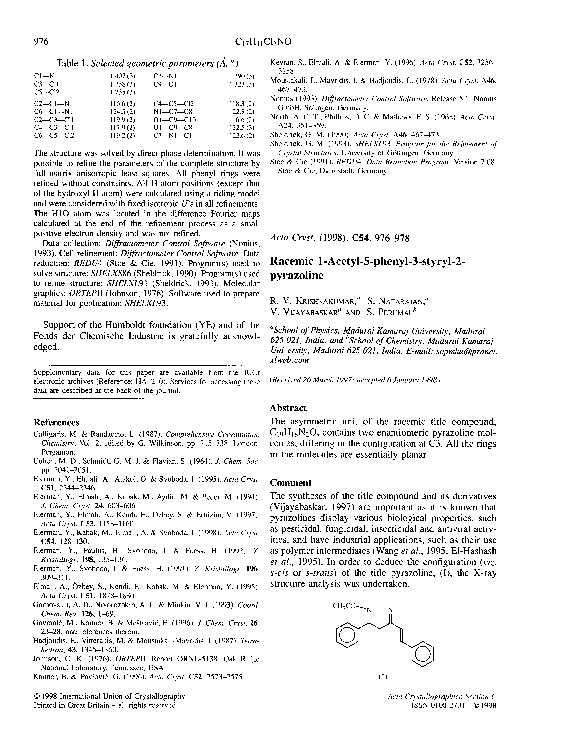 (PDF) Racemic 1Acetyl5-phenyl-3-styryl-2-pyrazoline | Venkatraman Krishnakumar - Academia.edu