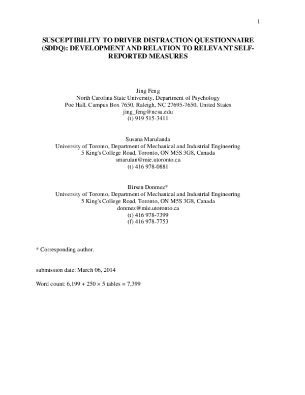 (PDF) Susceptibility to Driver Distraction Questionnaire: Development ...