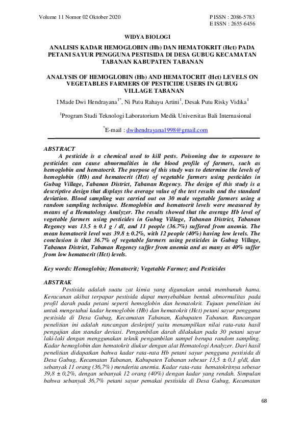 (PDF) ANALISIS KADAR HEMOGLOBIN (Hb) DAN HEMATOKRIT (Hct) PADA PETANI ...
