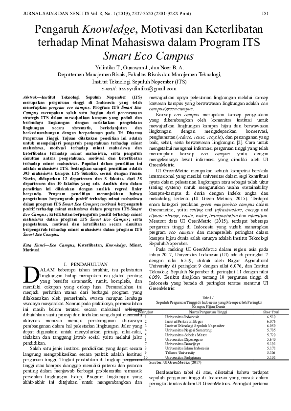 (PDF) Pengaruh Knowledge, Motivasi dan Keterlibatan Terhadap Minat Mahasiswa Dalam Program ITS ...
