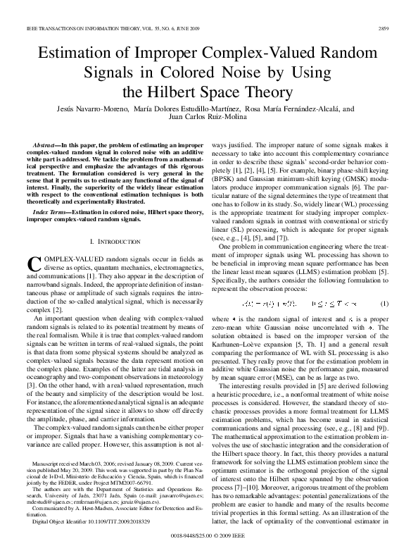 (PDF) Estimation of Improper Complex-Valued Random Signals in Colored Noise by Using the Hilbert ...