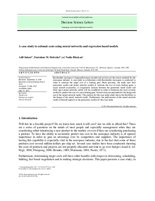 (PDF) A case study to estimate costs using Neural Networks and regression based models