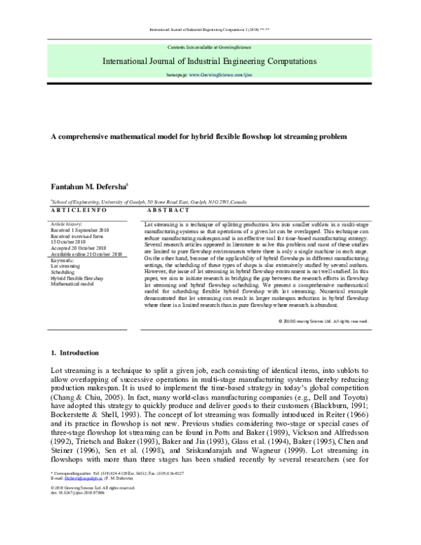 Pdf A Comprehensive Mathematical Model For Hybrid Flexible Flowshop Lot Streaming Problem