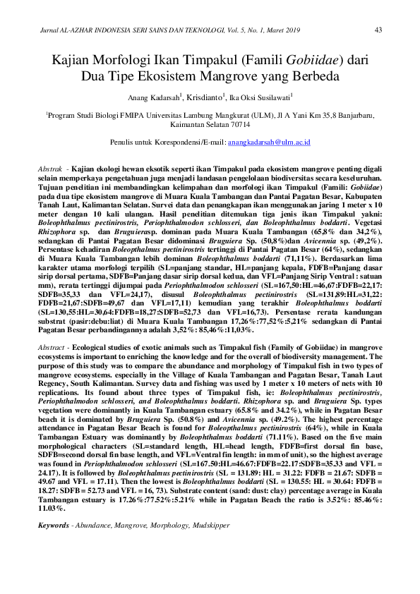 (PDF) Kajian Morfologi Ikan Timpakul (Famili Gobiidae) dari Dua Tipe ...