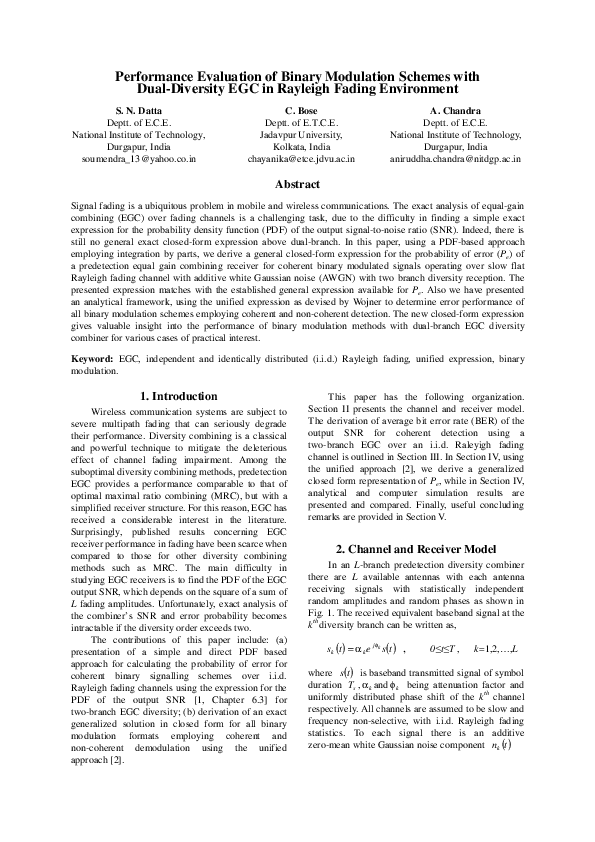 Pdf Performance Evaluation Of Binary Modulation Schemes With Dual Diversity Egc In Rayleigh