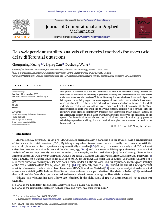 (PDF) Delay-dependent stability analysis of numerical methods for stochastic delay differential ...