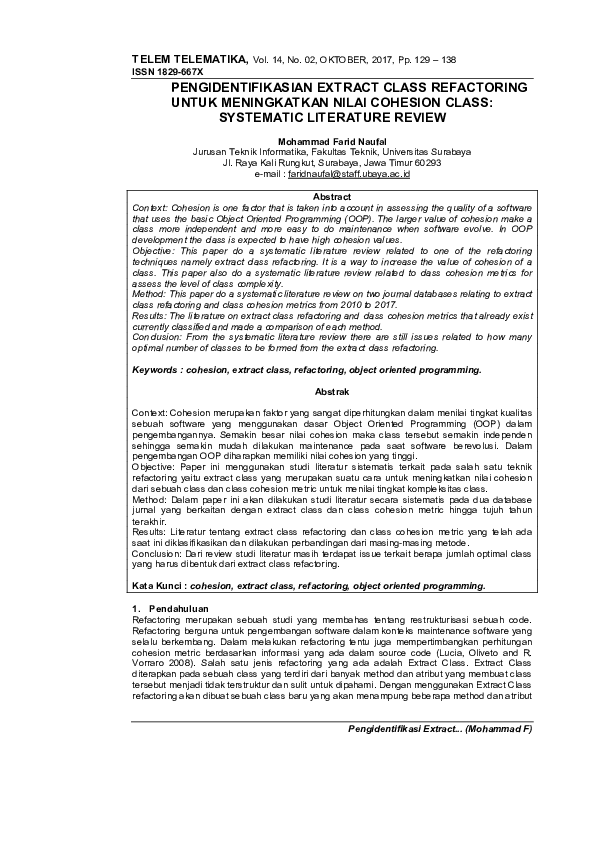 Pdf Pengidentifikasian Extract Class Refactoring Untuk Meningkatkan Nilai Cohesion Class