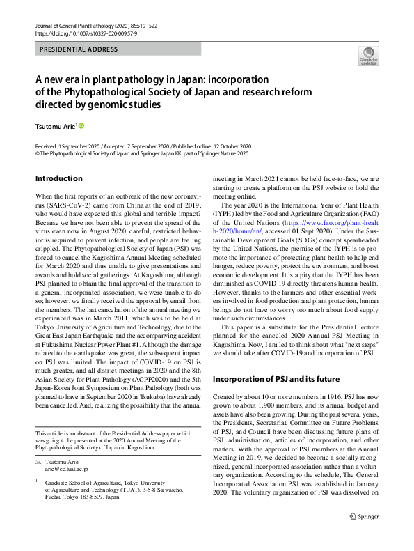(PDF) A new era in plant pathology in Japan: incorporation of the ...