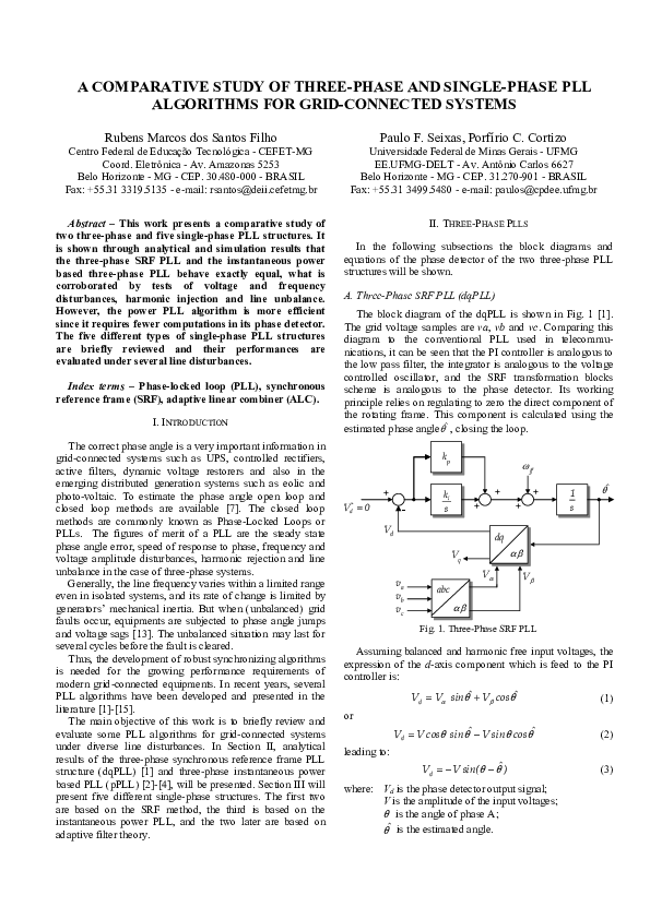 (PDF) A Comparative Study of Three-Phase and Single-Phase PLL Algorithms for Grid-Connected Systems