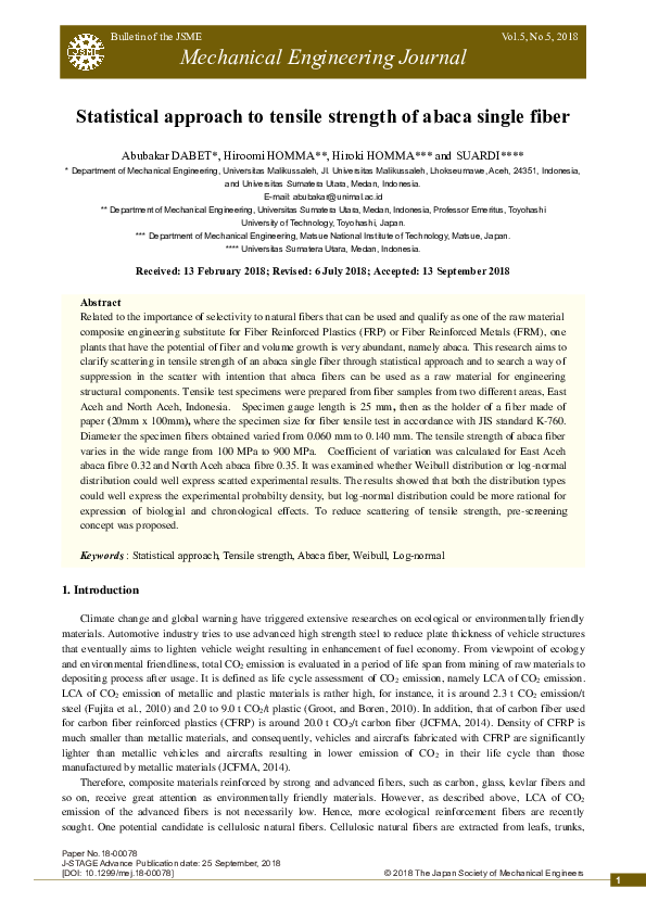 (PDF) Statistical approach to tensile strength of abaca single fiber