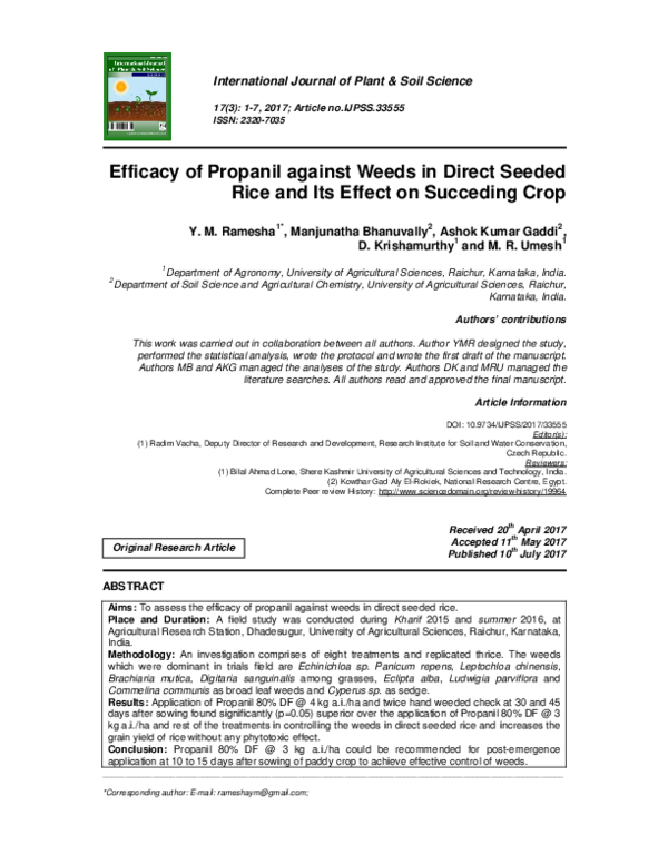 (PDF) Efficacy of Propanil against Weeds in Direct Seeded Rice and Its ...