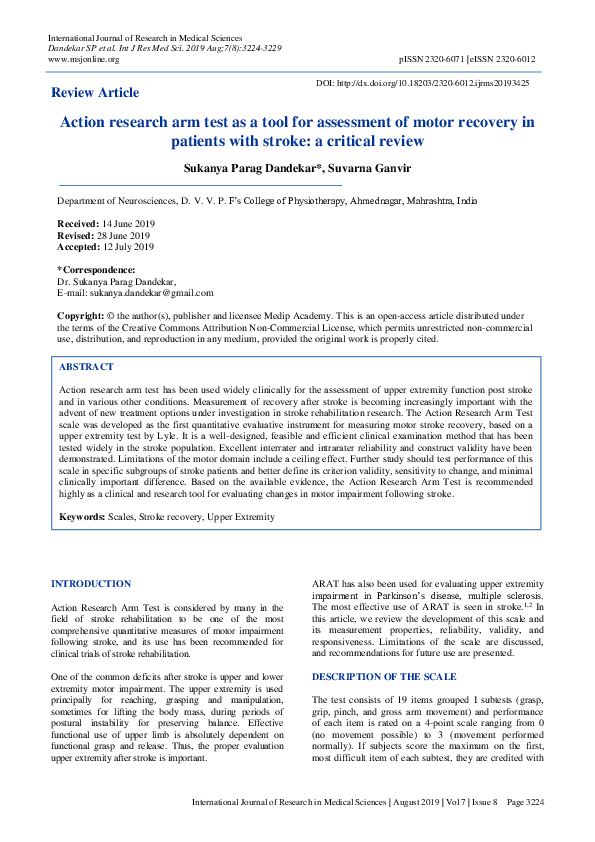 (PDF) Action research arm test as a tool for assessment of motor ...