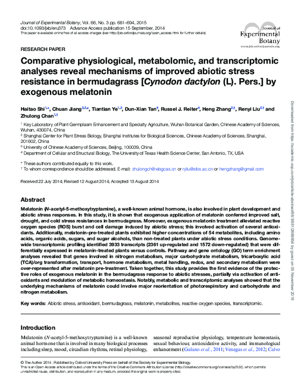 (PDF) Comparative physiological, metabolomic, and transcriptomic analyses reveal mechanisms of ...