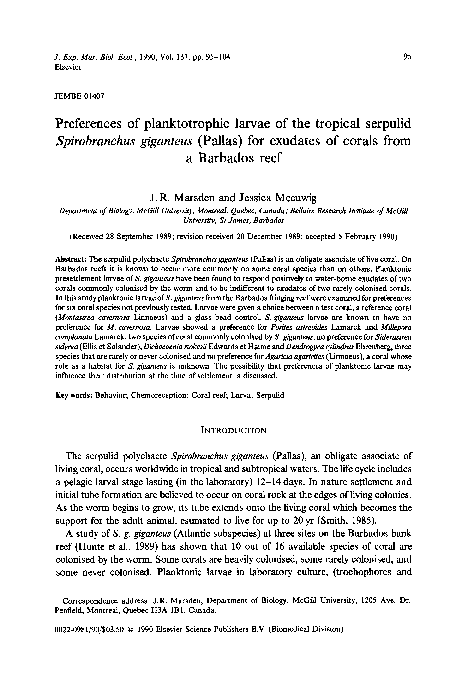 (PDF) Preferences of planktotrophic larvae of the tropical serpulid ...