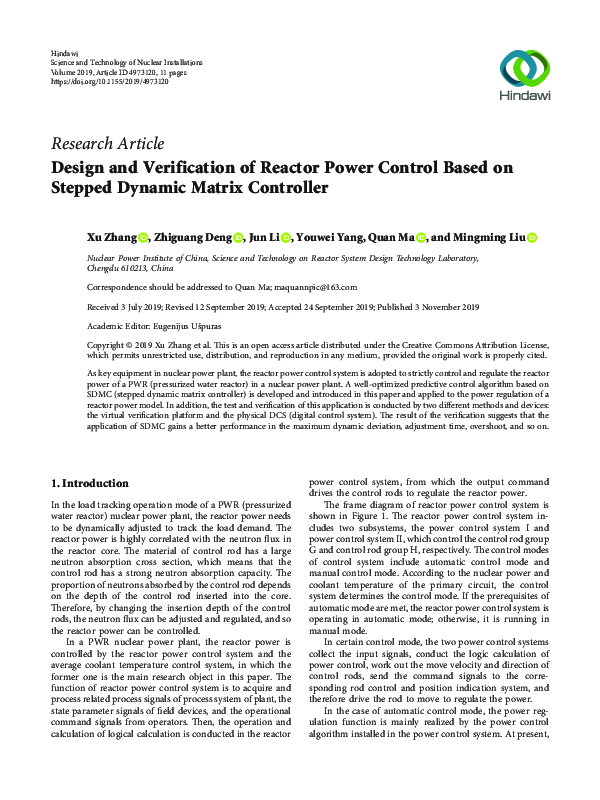 Pdf Design And Verification Of Reactor Power Control Based On Stepped Dynamic Matrix