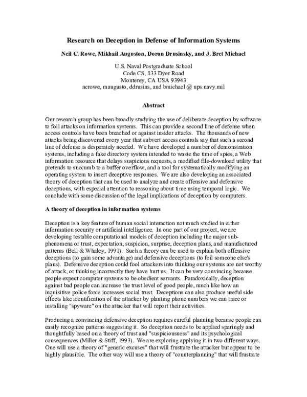 (PDF) Research on Deception in Defense of Information Systems