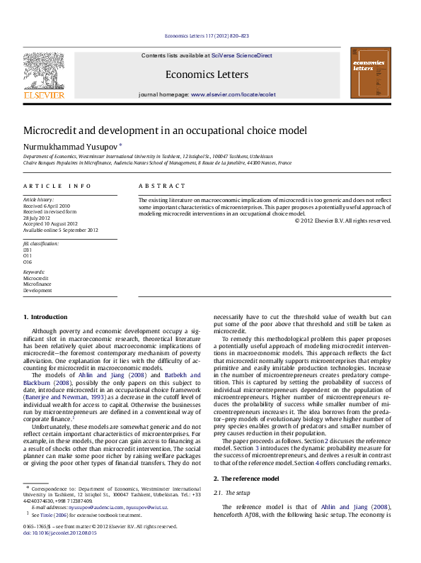 (PDF) Microcredit and development in an occupational choice model