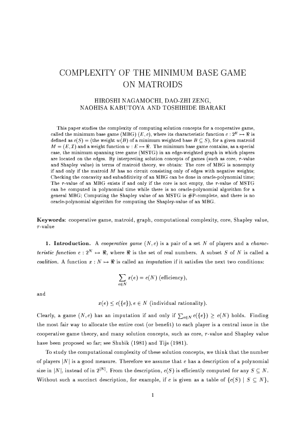 (PDF) Complexity of the Minimum Base Game on Matroids