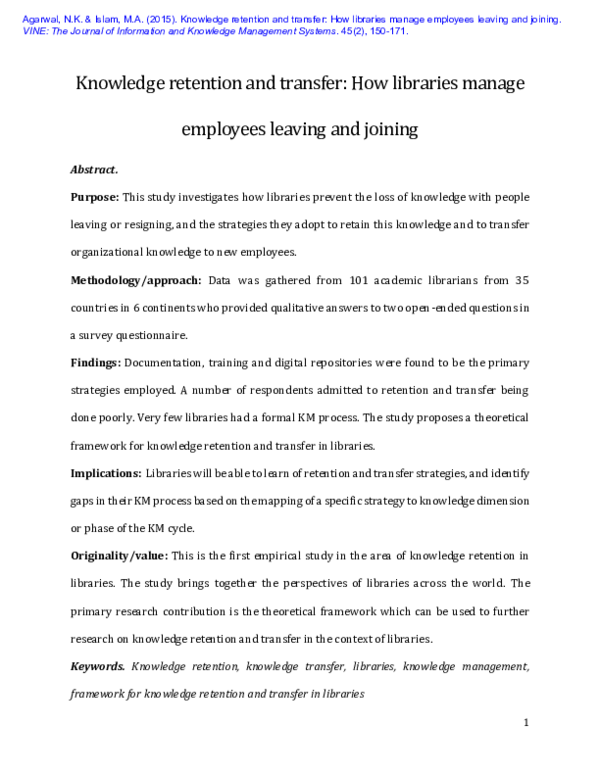 (PDF) Knowledge retention and transfer: how libraries manage employees ...