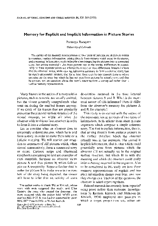 (PDF) Memory for explicit and implicit information in picture stories