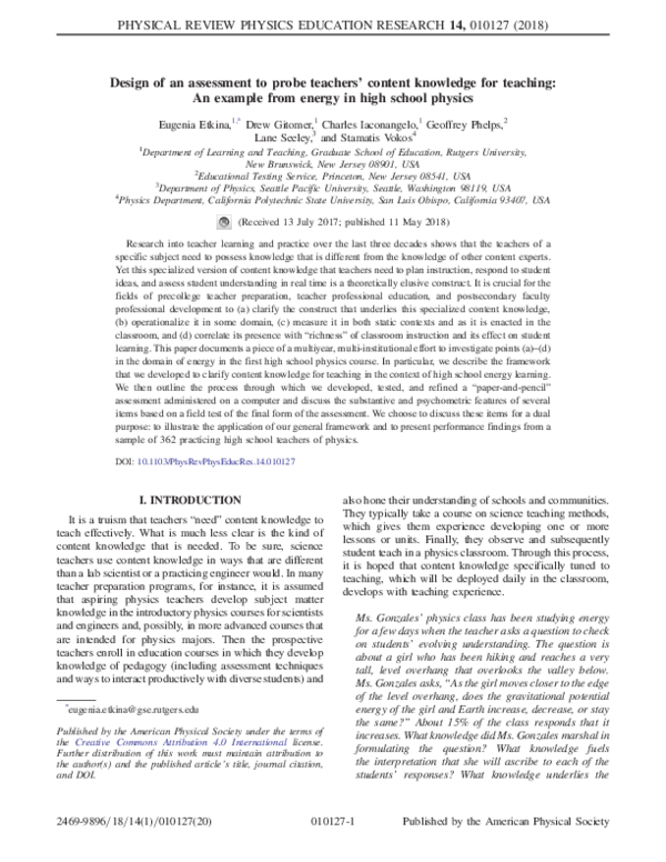 (PDF) Design of an assessment to probe teachers’ content knowledge for ...