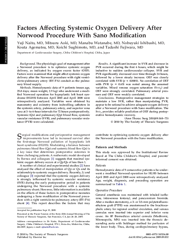 (PDF) Factors Affecting Systemic Oxygen Delivery After Norwood ...