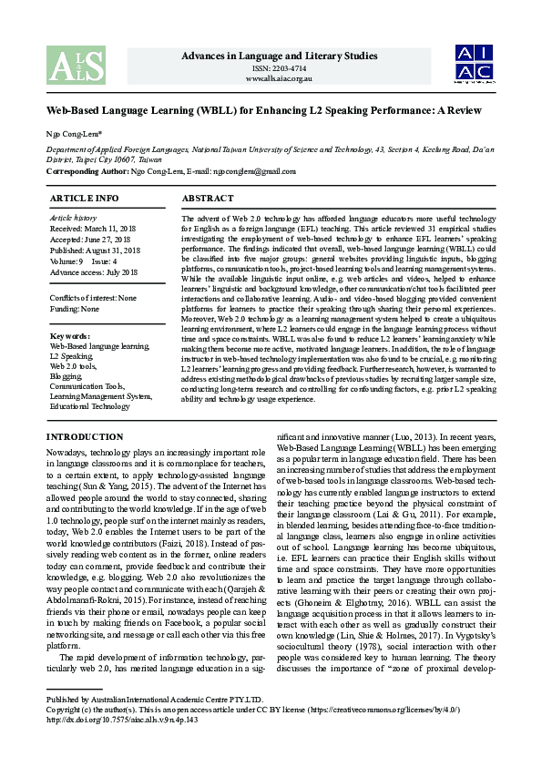 (PDF) Web-Based Language Learning (WBLL) for Enhancing L2 Speaking Performance: A Review