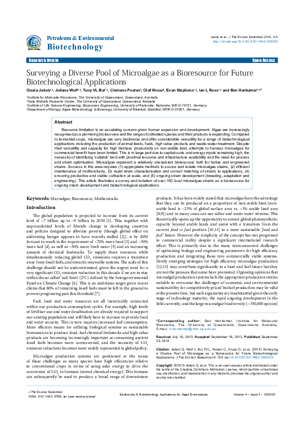 (PDF) Surveying a Diverse Pool of Microalgae as a Bioresource for ...