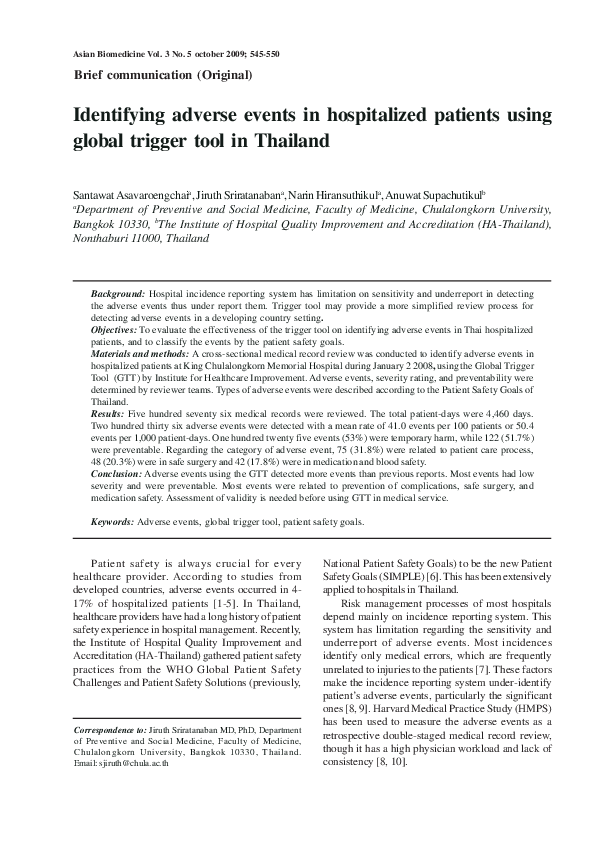 Pdf Identifying Adverse Events In Hospitalized Patients Using Global Trigger Tool In Thailand