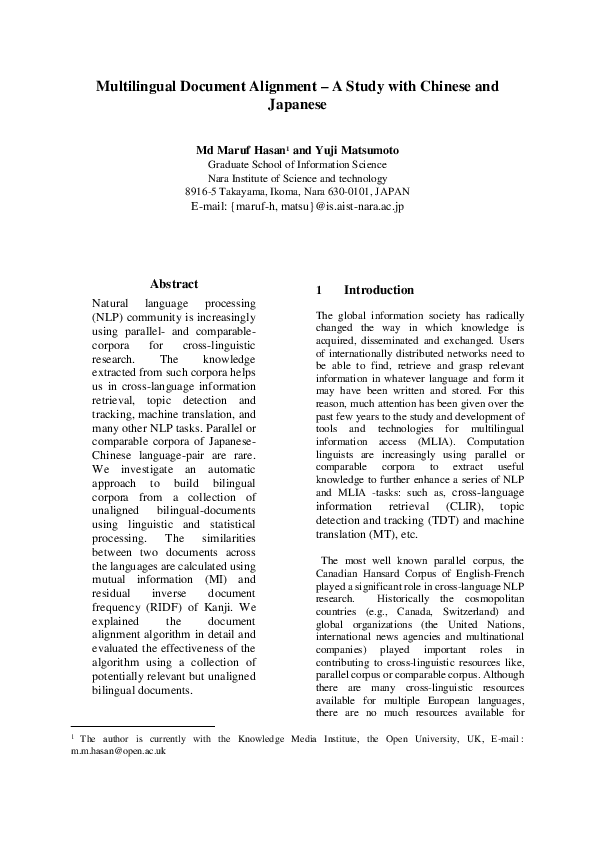 (PDF) Multilingual Document Alignment - A Study with Chinese and Japanese