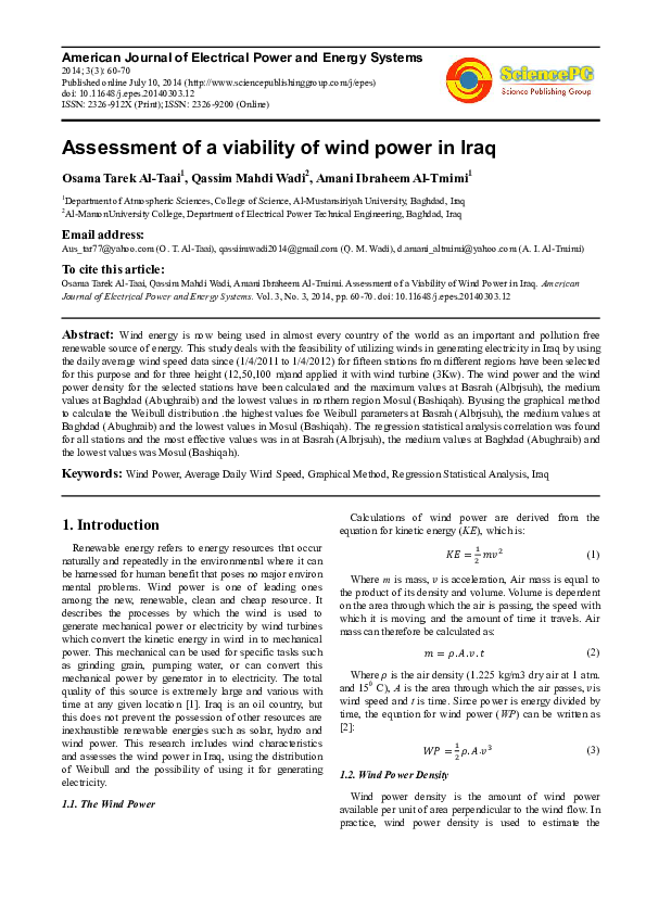 (PDF) Assessment of a Viability of Wind Power in Iraq